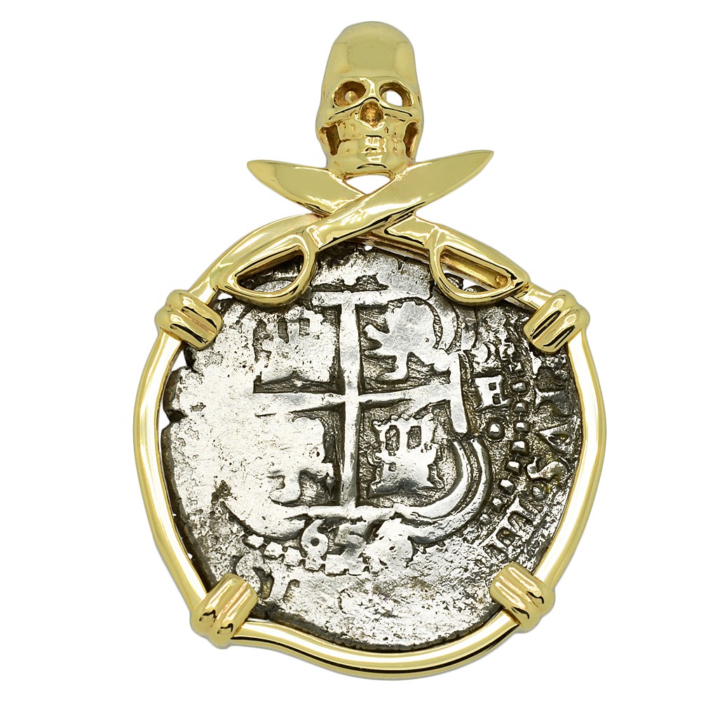 Gold Skull and Swords 1653 Spanish Coin Pendant