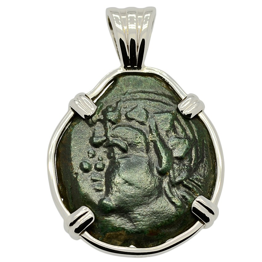 300 BC Greek Pan Bronze Coin White Gold Pendant